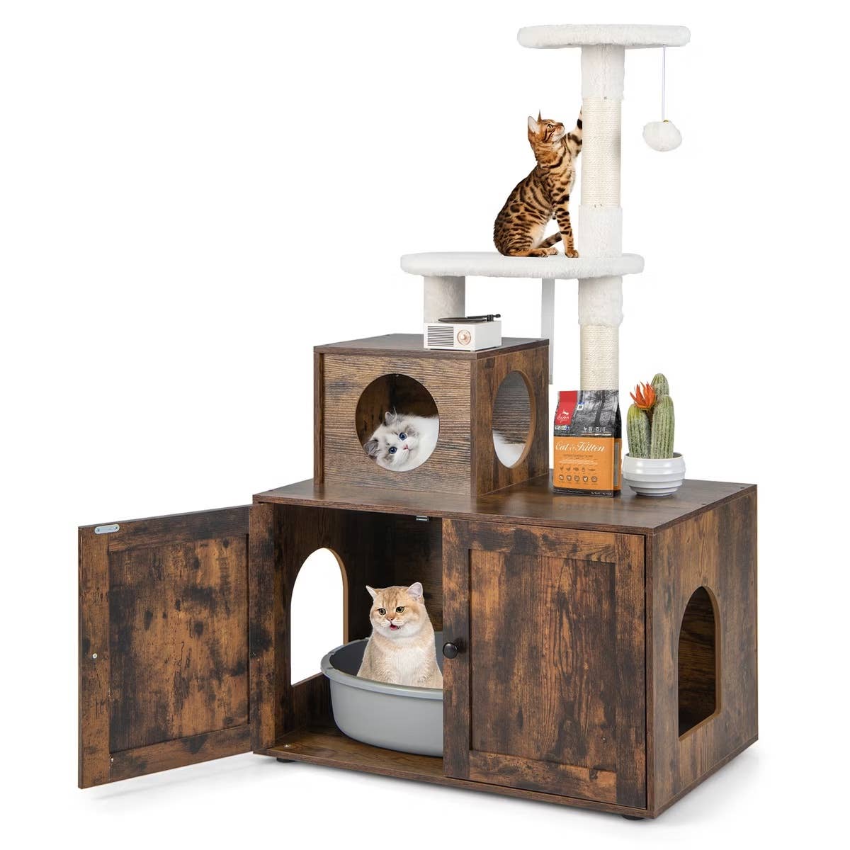 Cat Parents Love This Chic Wooden Enclosed Litter Box & Cat Tree ...